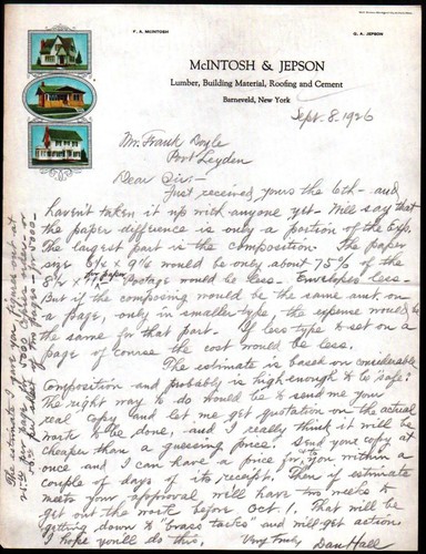 McIntosh & Jepson - Barneveld NY 1926 Lumber Roofing Cement - Letter ...