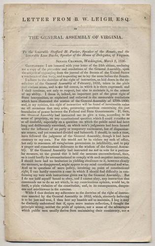 B W Leigh / Letter From B.W Leigh Esq to the General Assembly of ...