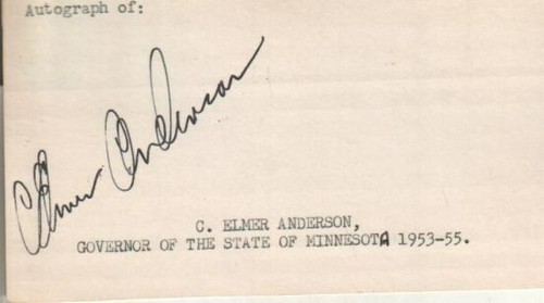 C. Elmer Anderson Autographed Index Card 28th Governor of Minnesota D ...