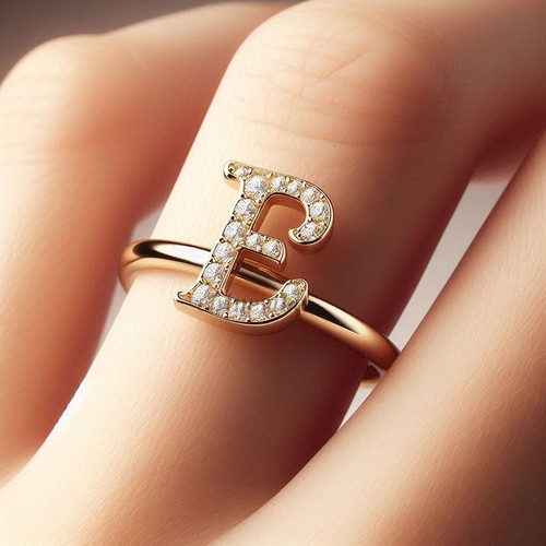 14K Yellow Gold Over Initial "E" Letter Ring 1Ct Round Cut Lab Created ...
