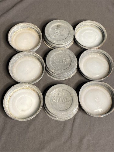 9 BALL ATLAS Zinc Mason Jar Lids w/ Porcelain Milk Glass Inserts ...
