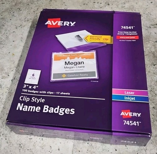 Box of (100) 74541 Avery 3" x 4" Clip Style Name Badges w/ Blank Sheets ...