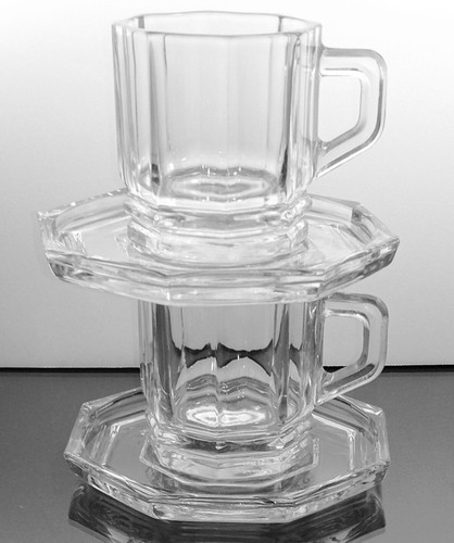 Vintage Set of 4 Clear Glass Cups With Octagonal Saucers | eBay
