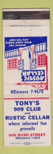 Matchbook Cover - Tony's 909 Club Rustic Cellar Chicago IL | eBay