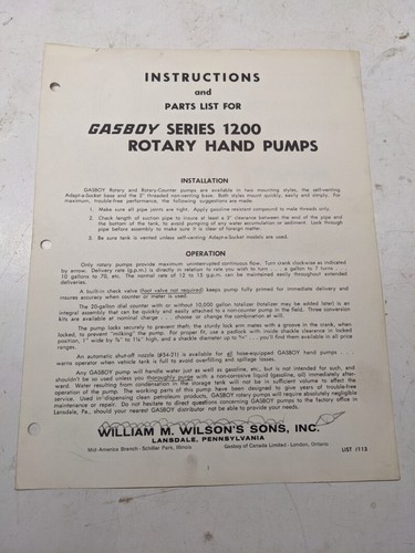 GASBOY INSTRUCTION MAINTENANCE PARTS LIST BOOK MANUAL SERIES 1200 HAND ...