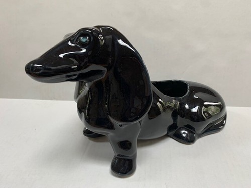 Ceramic Planter Dachshund Weiner Dog Black Glossy Tilted Head Blue Eyes ...
