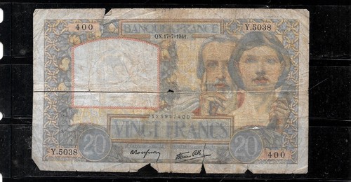 France #92b 1941 GOOD CIRCULATED OLD WWII ERA 20 FRANC BANKNOTE PAPER ...
