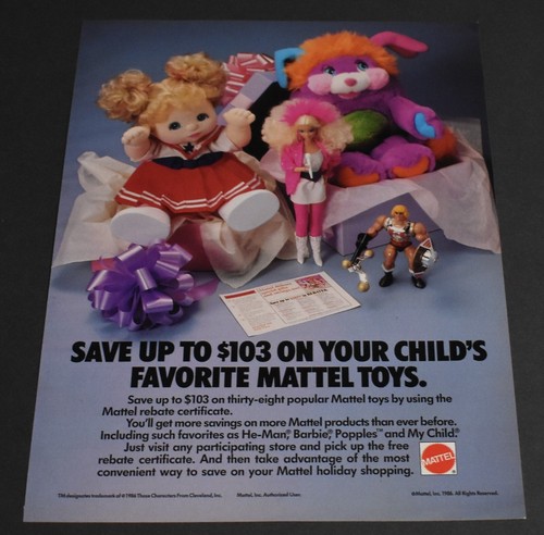 1986 Print Ad Mattel Toys Barbie He-Man Popples My Child Rebate ...