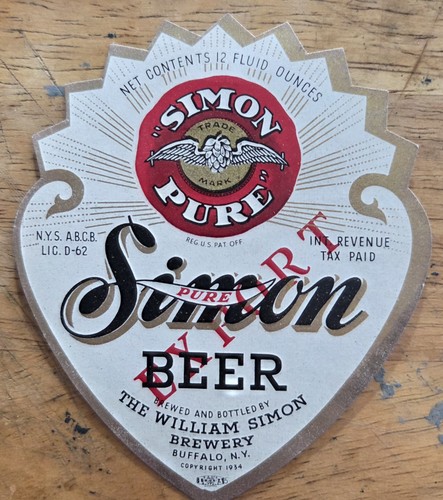 IRTP SIMON PURE BEER LABEL WILLIAM SIMON BREWING CO BUFFALO NY | eBay