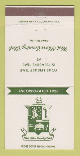 Matchbook Cover - West Shore Country Club Camp Hill PA 30 Strike | eBay