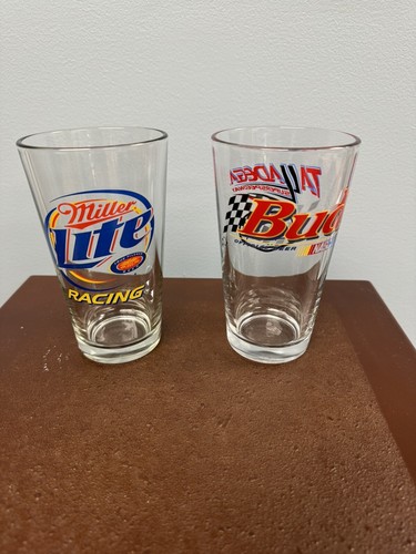Budweiser And Miller Racing Glasses set of 2 | eBay