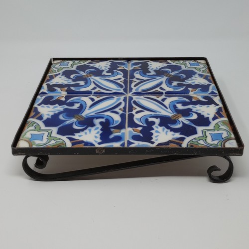Mexico SEASA Blue White Tile Trivet Hot Plate Wrought Iron Stand | eBay