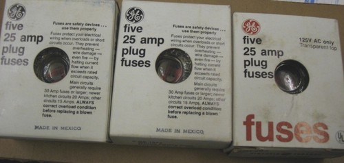 NOS VINTAGE GLASS PLUG FUSES 25A/125V AC GE 3765-25 LOT OF 3 BOXES OF 5 ...