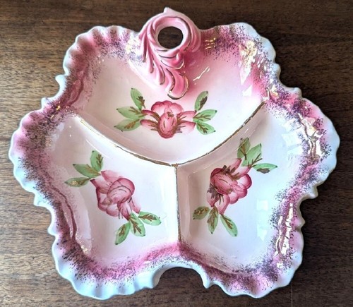 Vtg Relish Candy Condiment Dish Japan Pink Floral Divided 3 Section ...