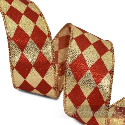 Red Gold Jester Harlequin Diamond Christmas Wired Ribbon 1.5"W x 10 ...