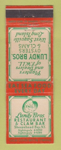Matchbook Cover - Lundy Bros Restaurant Clam Bar Sheepshead Bay NY West ...