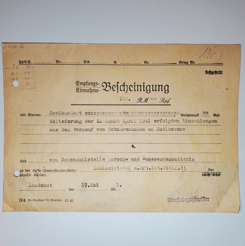 Original WW2 WWII German Wehrmacht document Artillery 1941 receipt ...