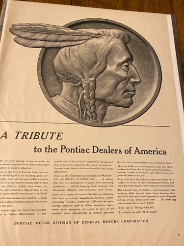 Vintage 1943 Tribute To Pontiac Dealers Of America Native American ...