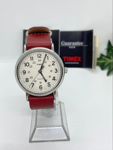 Timex Weekender T2P493 Red Leather Band 24HR Dial INDIGLO Used | eBay