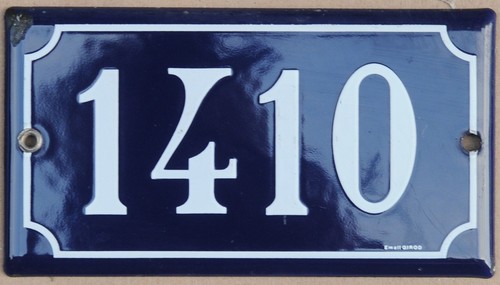 Large old blue French house number 1410 door gate plate plaque enamel ...