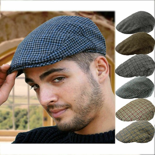 TWEED CHECK FLAT CAP VINTAGE HERRINGBONE WOOL MIX GATSBY BAKER BOY ...