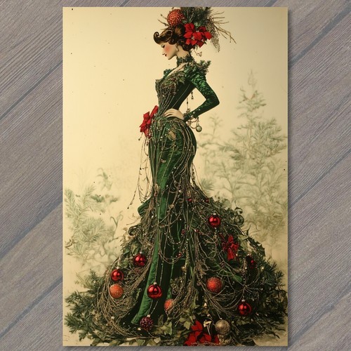 POSTCARD Green Victorian Dress Christmas Lady Holiday Elegance Festive ...
