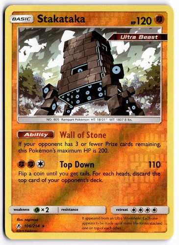 Pokemon TCG Stakataka 106/214 SM - Unbroken Bonds Holo Rare Reverse ...