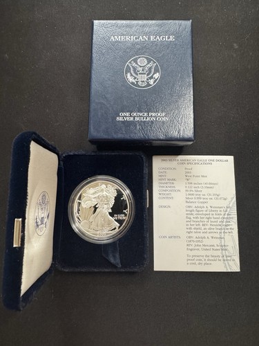 2003 W 1oz US American Silver Eagle $1 Dollar Proof Bullion Coin w/Box ...