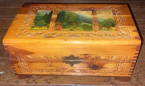 Vintage Hand-Carved Wood Cedar Treasure Tramp Art Box Landscape Print W ...