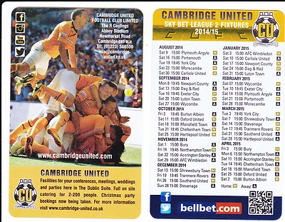 Cambridge United Football Club Fixture Card | Grelly UK
