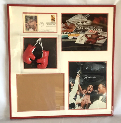 Muhammad Ali Collage w/ Signed Photo, Mini Gloves, FDC Stamp, 21.5x22.5 ...