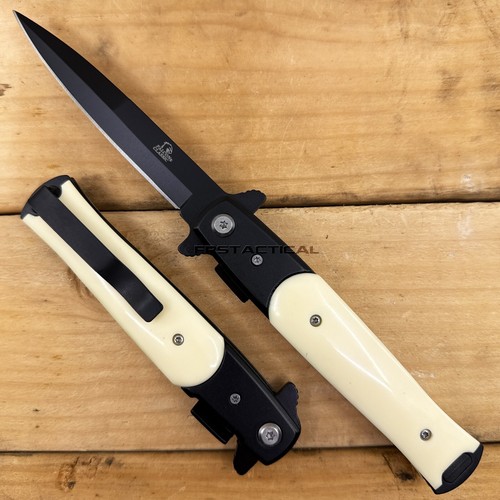 Falcon Black Spring Assisted Stiletto Knife with Faux Ivory Off-White ...