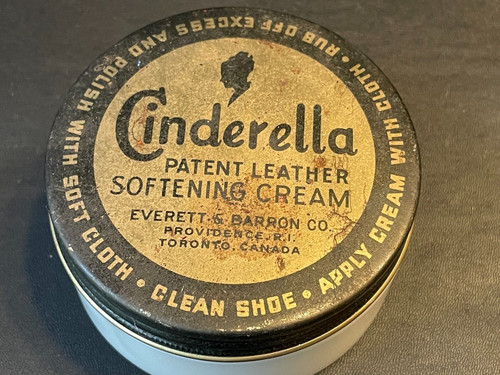 Vtg Cinderella Patent Leather Softening Cream w/ Metal Lid ~ Milk Glass ...