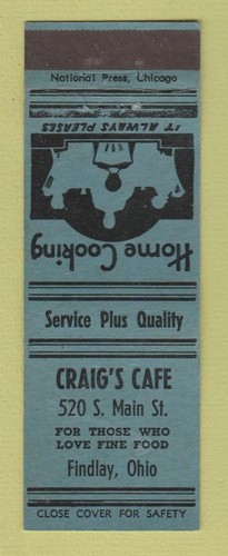 Matchbook Cover - Craig's Cafe Findlay OH | eBay