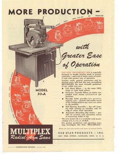 1947 Red Star Products Ad: Multiplex 50A Radial Arm Saw - Cleveland ...