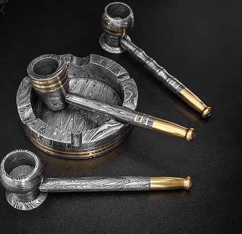 Premium Damascus Steel Handmade Pipe & Ashtray, Tobacco Smoking Pipe ...