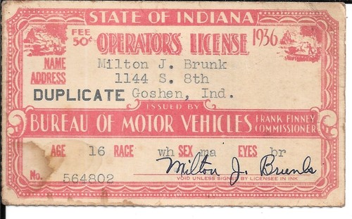 1936 STATE OF INDIANA Operator's License Drivers Issued by Bureau of ...