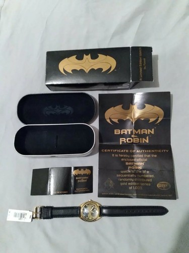 1997 Fossil Batman & Robin Gold Face Leather Band Watch With Case for ...
