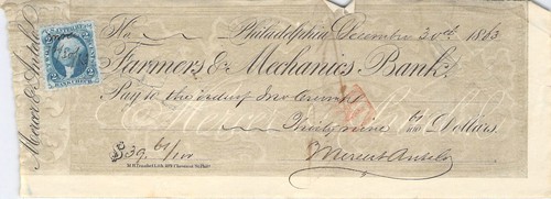1863 PHILADELPHIA JOHN CRUMP HEIRLOOM AUTOGRAPH BANK CHECK REVENUE ...