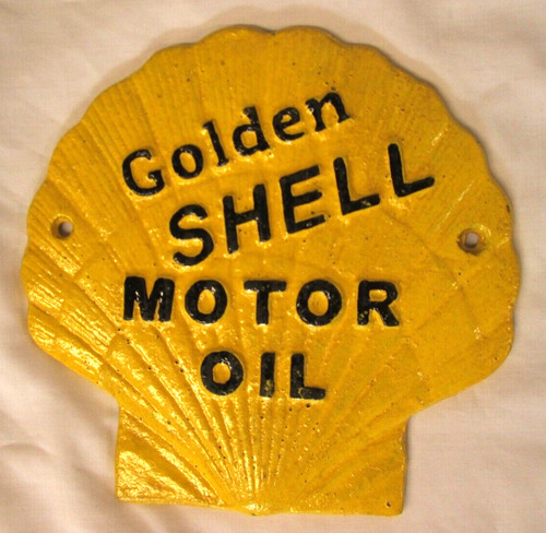 CAST IRON GOLDEN SHELL MOTOR OIL WALL SIGN PLAQUE CLAM SHAPED RAISED ...