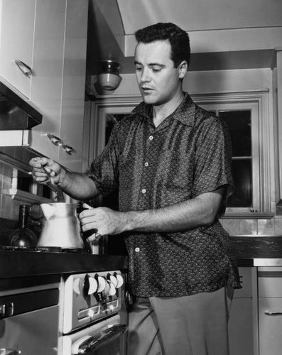 Jack Lemmon making coffee at his home near Hollywood, Californi - 1954 ...