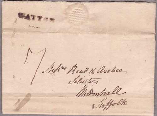 NORFOLK 1830 ENTIRE TO MILDENHALL SUFFOLK WATTON MILEAGE ERASED H/S BCC ...