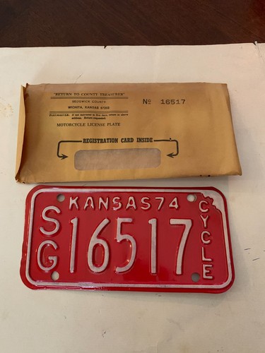 NOS NEW 1974 KANSAS Motorcycle License Plate Tag SG 16517 w/ original ...