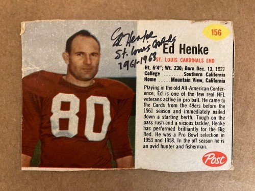Ed Henke St Louis FB Cardinals Signed 1962 Post Cereal Card with COA | eBay