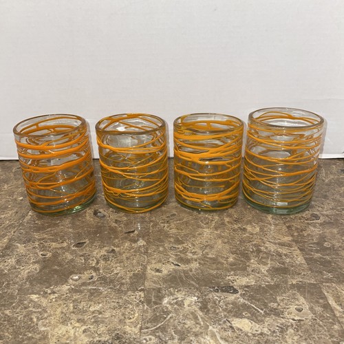 Mexican Hand Blown Glass Tumbler Orange Swirl Spiral 4’ Inches Tall Set ...