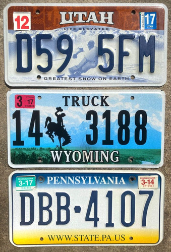 Lot of three 2017 license plate plates - Utah + Wyoming + Pennsylvania ...