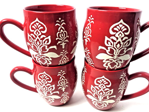 Red Mugs with White Floral Embossed 3D design Set of 4 Mugs Coffee Tea ...