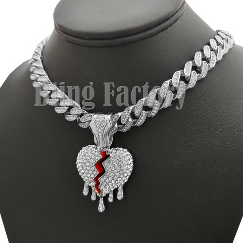 Silver Plated Alloy Drip Broken Heart Iced Cubic Zirconia Cuban Chain ...