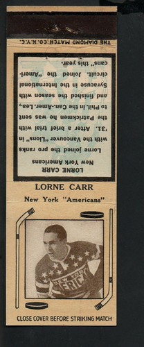 1935-36 Diamond Hockey Matchcover-Lorne Carr-New York Americans Near ...