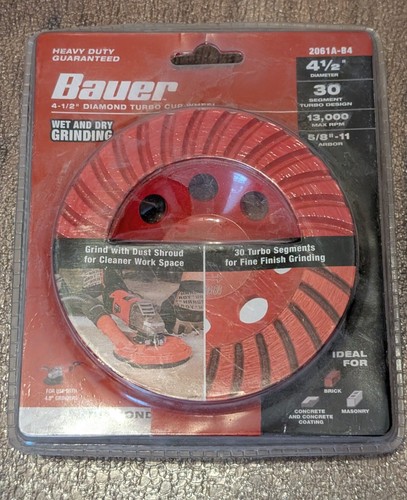 Bauer 4-1/2" Diamond Turbo Cup Wheel Uses 4.5" Grinder Brick Concrete ...